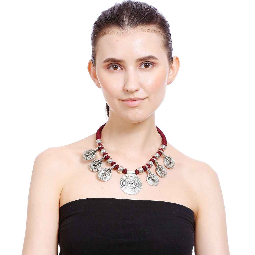 Bamboo Tree Jewels Silver & Maroon Color Thread Necklace