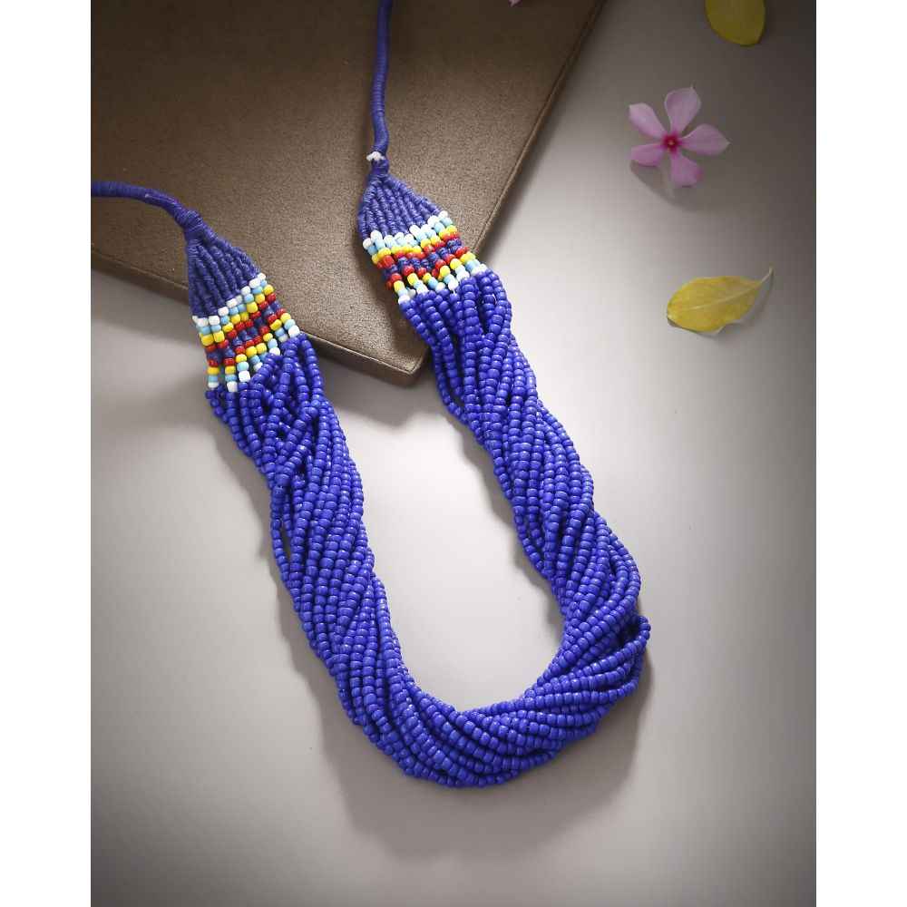 Bamboo Tree Jewels Blue Color Beaded Thread Long Necklace