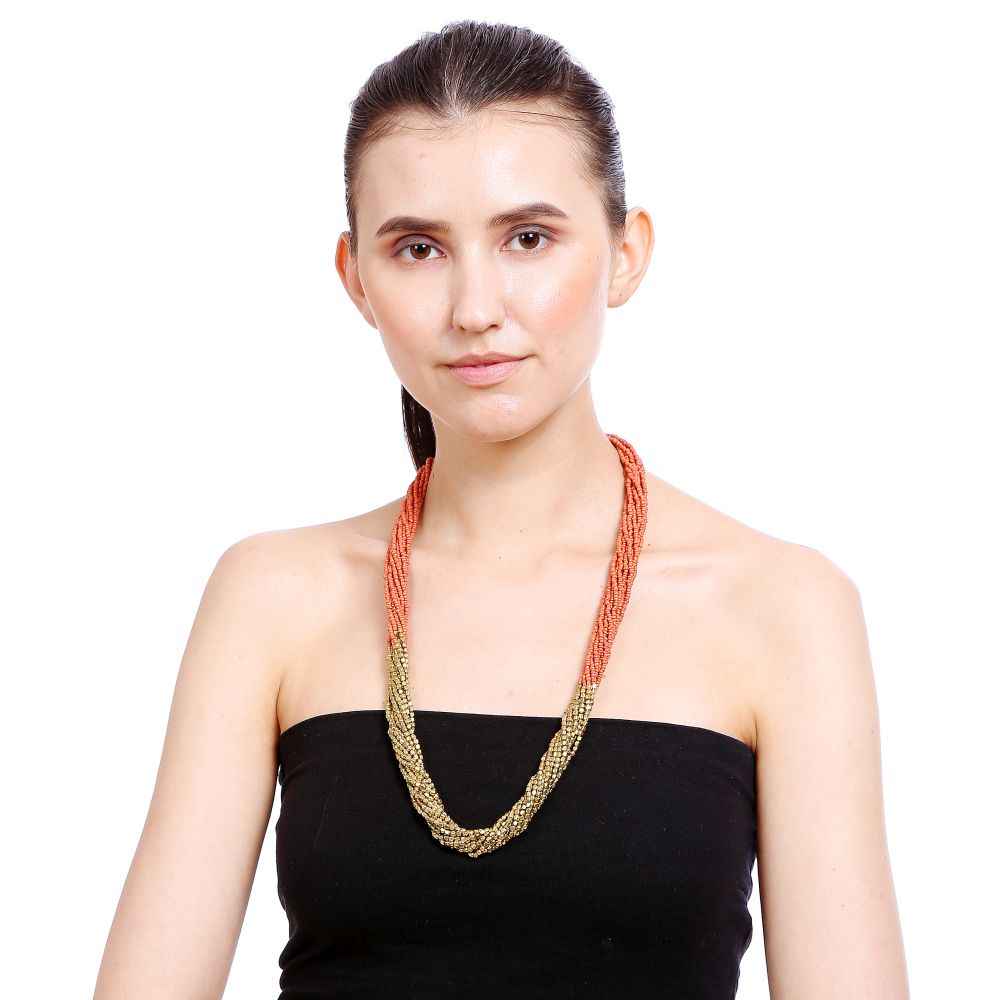 Bamboo Tree Jewels Orange & Golden Color Beaded Long Necklace