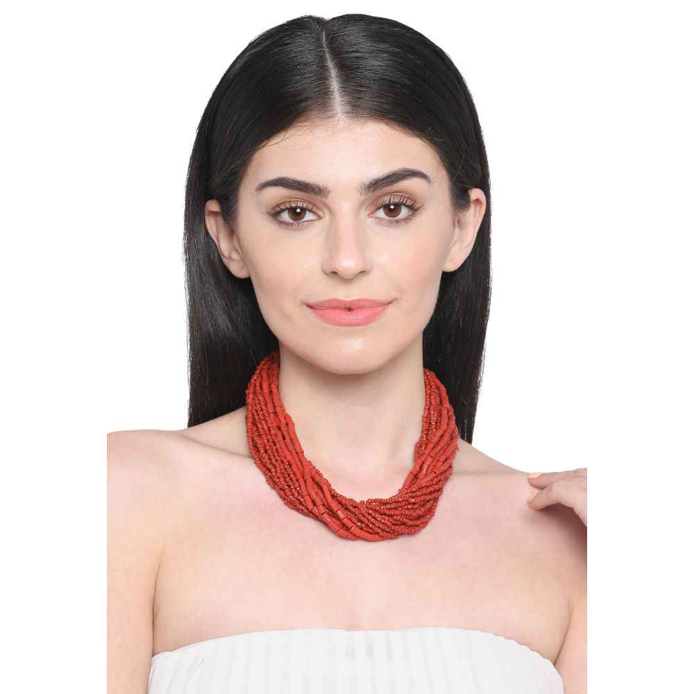 Bamboo Tree Jewels Red Color Beaded Thread Necklace