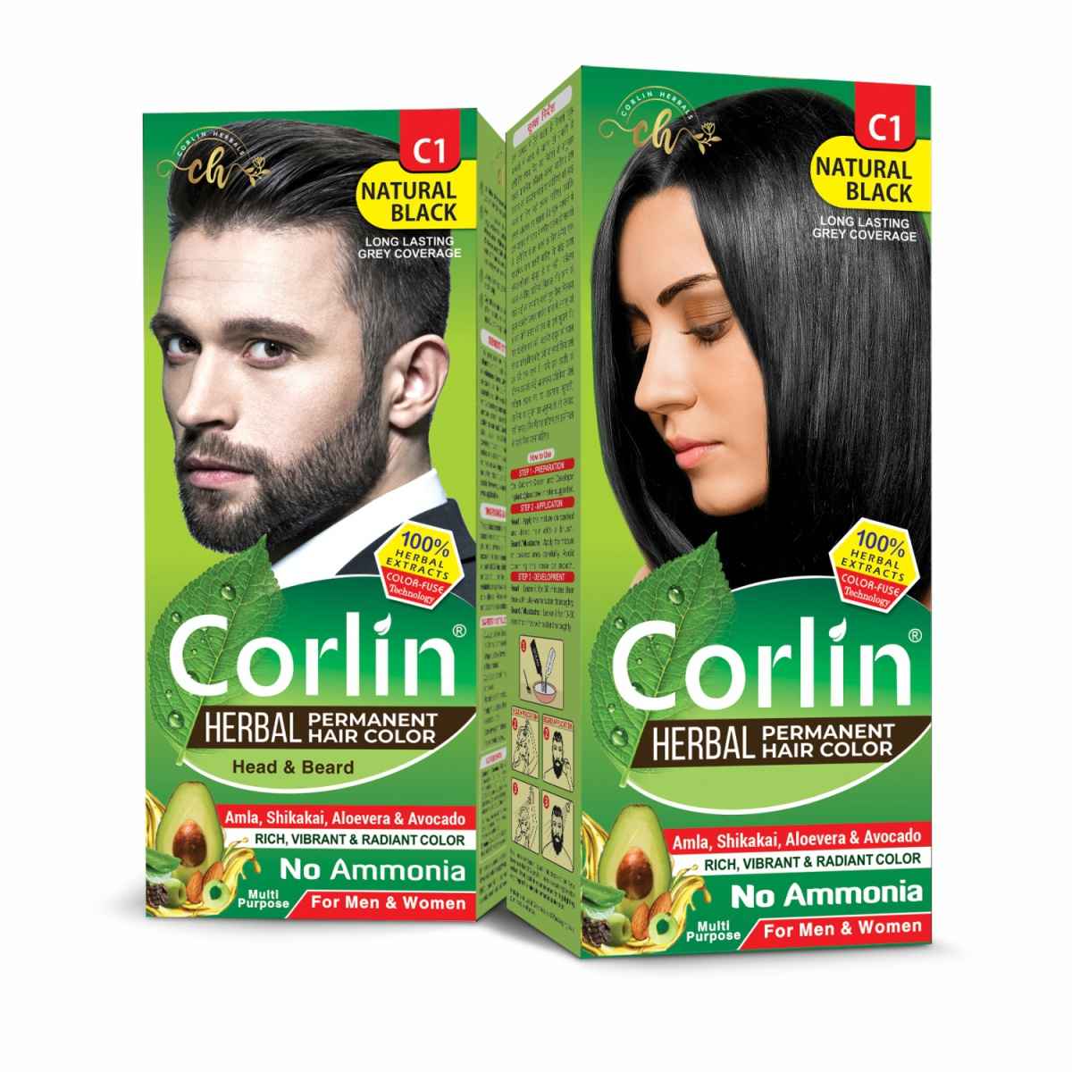 Corlin Herbal Permanent Hair Color Cream, Natural Black C1 (100g x 2pcs)