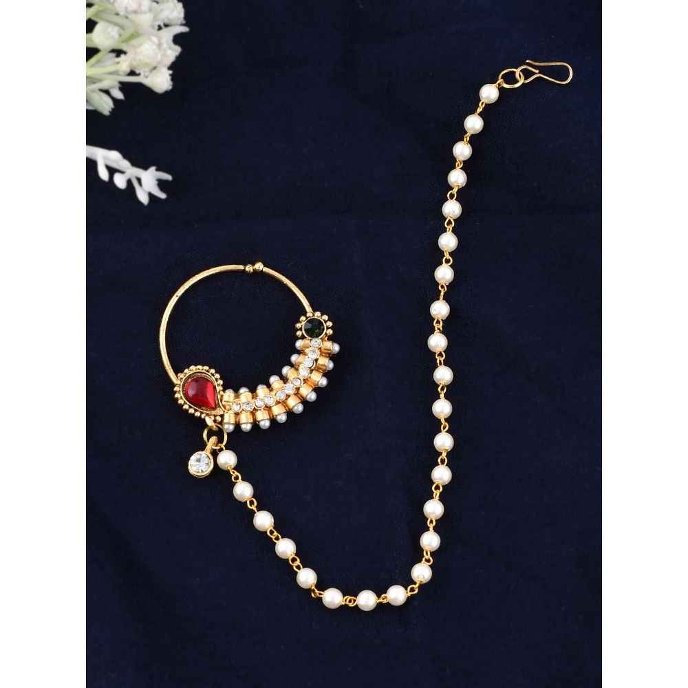 Silvermerc Gold-plated Red & White Stone-Studded & Beaded Nose Pin