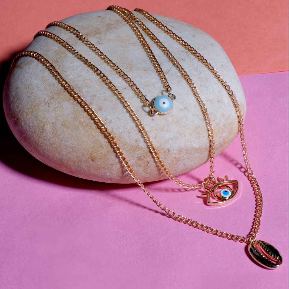 Blueberry Gold-Plated Evil Eye Detail Handcrafted Layered Necklace