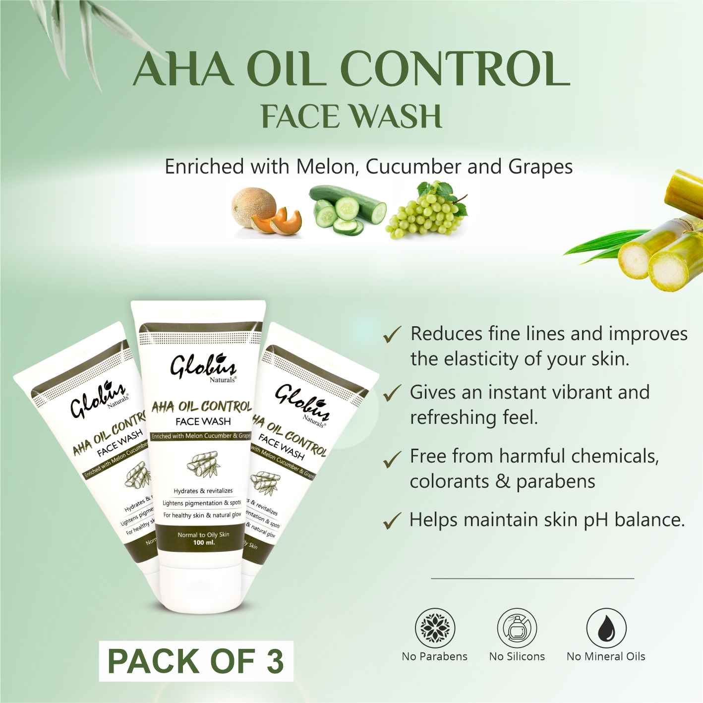 Globus Naturals Aha Oil Control Face Wash With Melon Cucumber & Grapes ...