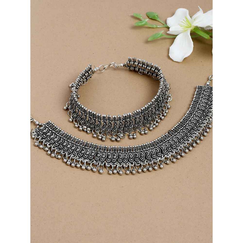 Silvermerc Oxidised German Silver Ghungroo Anklets with Silver Plating