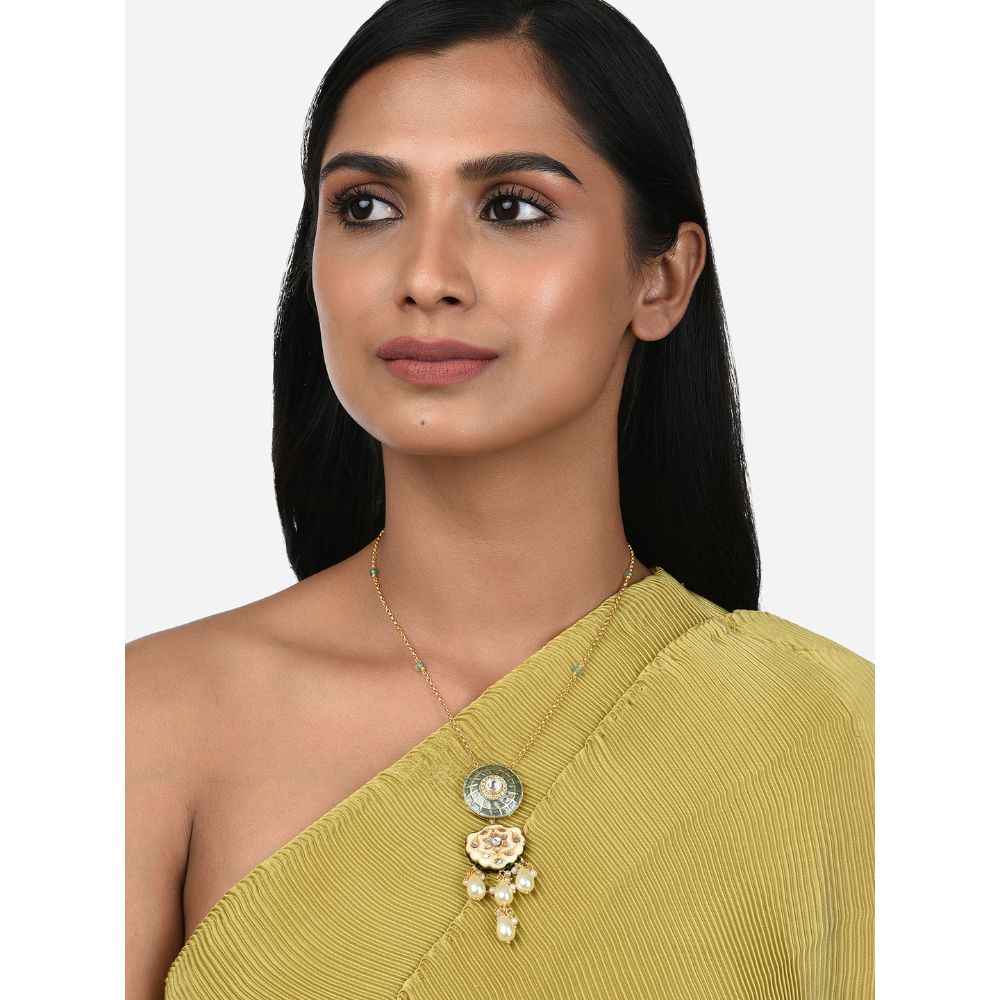 Ahaanya Multi-Colour Enamel And Kundan Polki Necklace With Pearls O2AHANK43