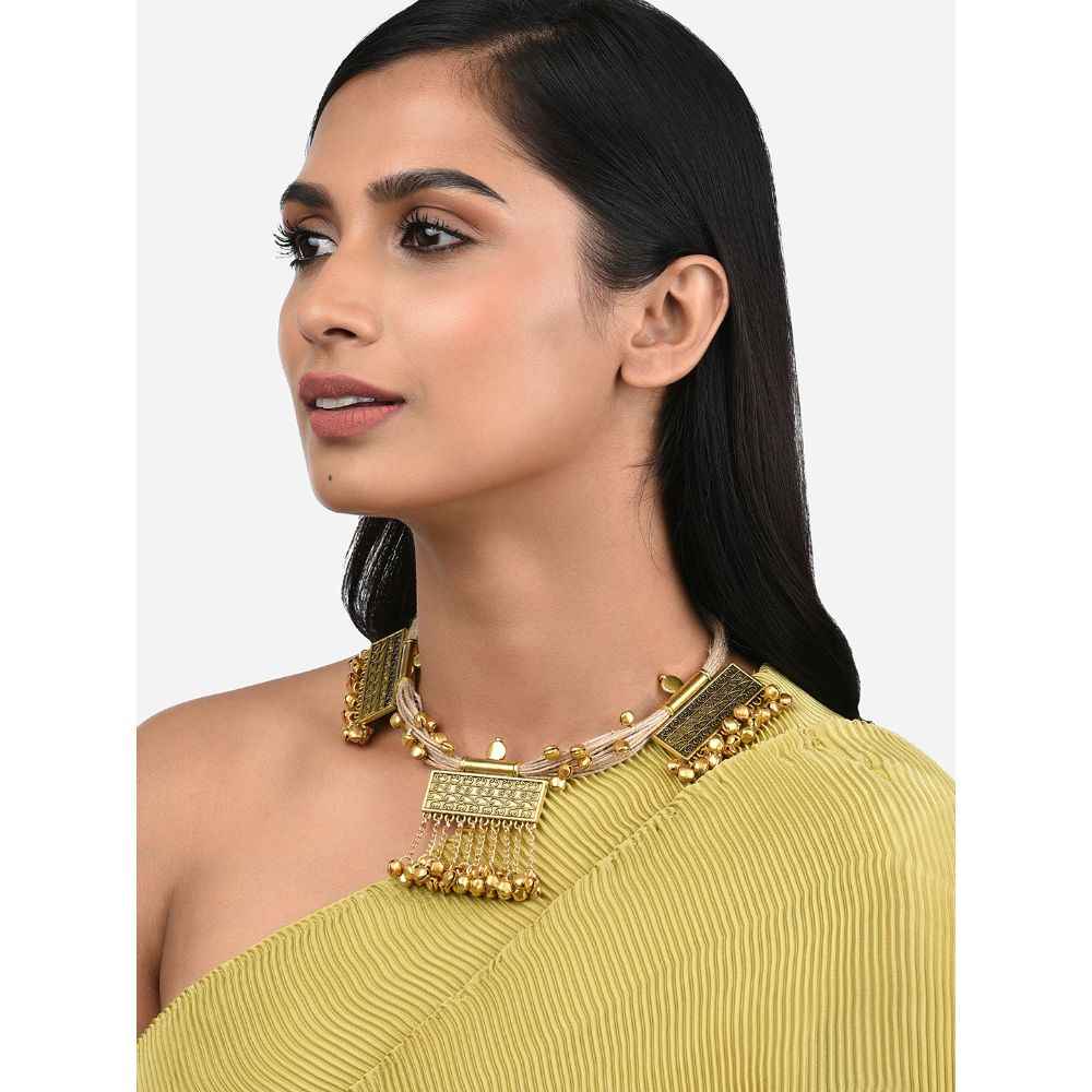 Ahaanya Beige And Golden Satin Threaded Necklace O2AHANK100