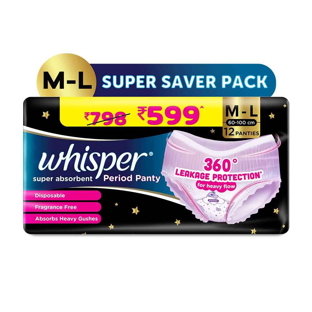 Whisper Super Absorbent Period Panty, 12 pc M-L Pants, 360 Degree ...