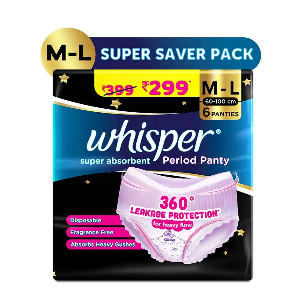 Whisper Super Absorbent Period Panty, 6 pc M-L Pants, 360 Degree ...