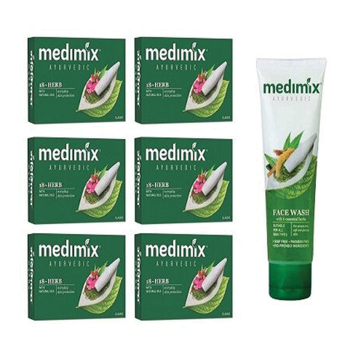 Medimix Classic Ayurvedic 18 Herbs Soap (75 g) (Pack of 6)+ Face Wash ...