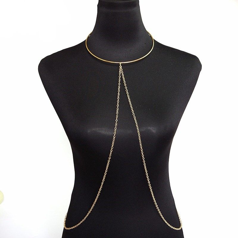 Femnmas Sleek Plated Metal Choker Bikini Body Chain