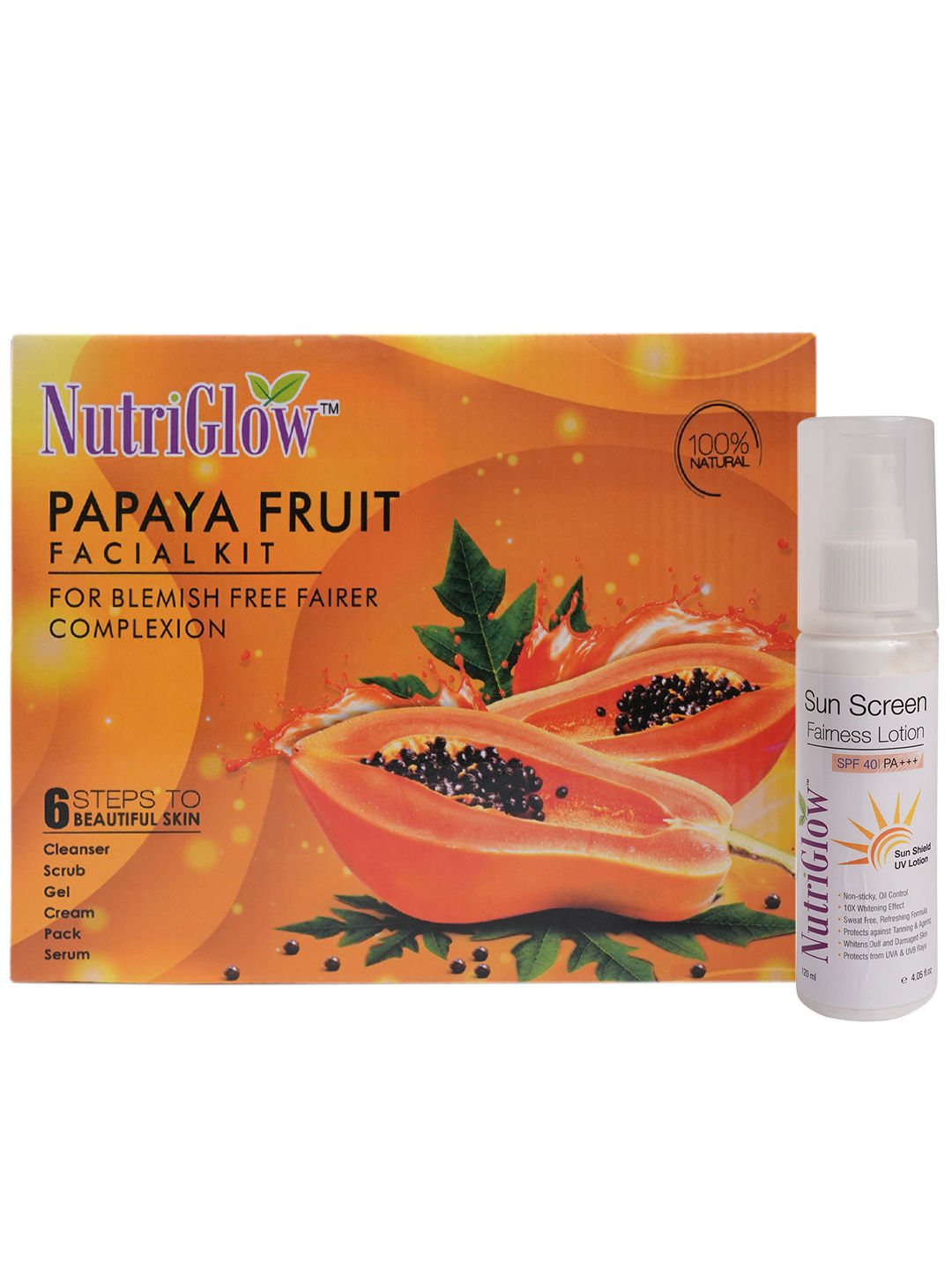 NutriGlow Combo of 2 Papaya Fruit Facial Kit(260gm) and Sunscreen SPF ...