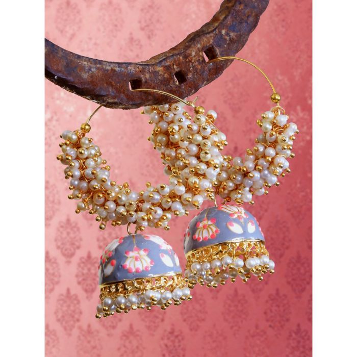 Buy Crunchy Fashion Gold Pated White Pearls Grey Jhumka Jhumki Earrings ...