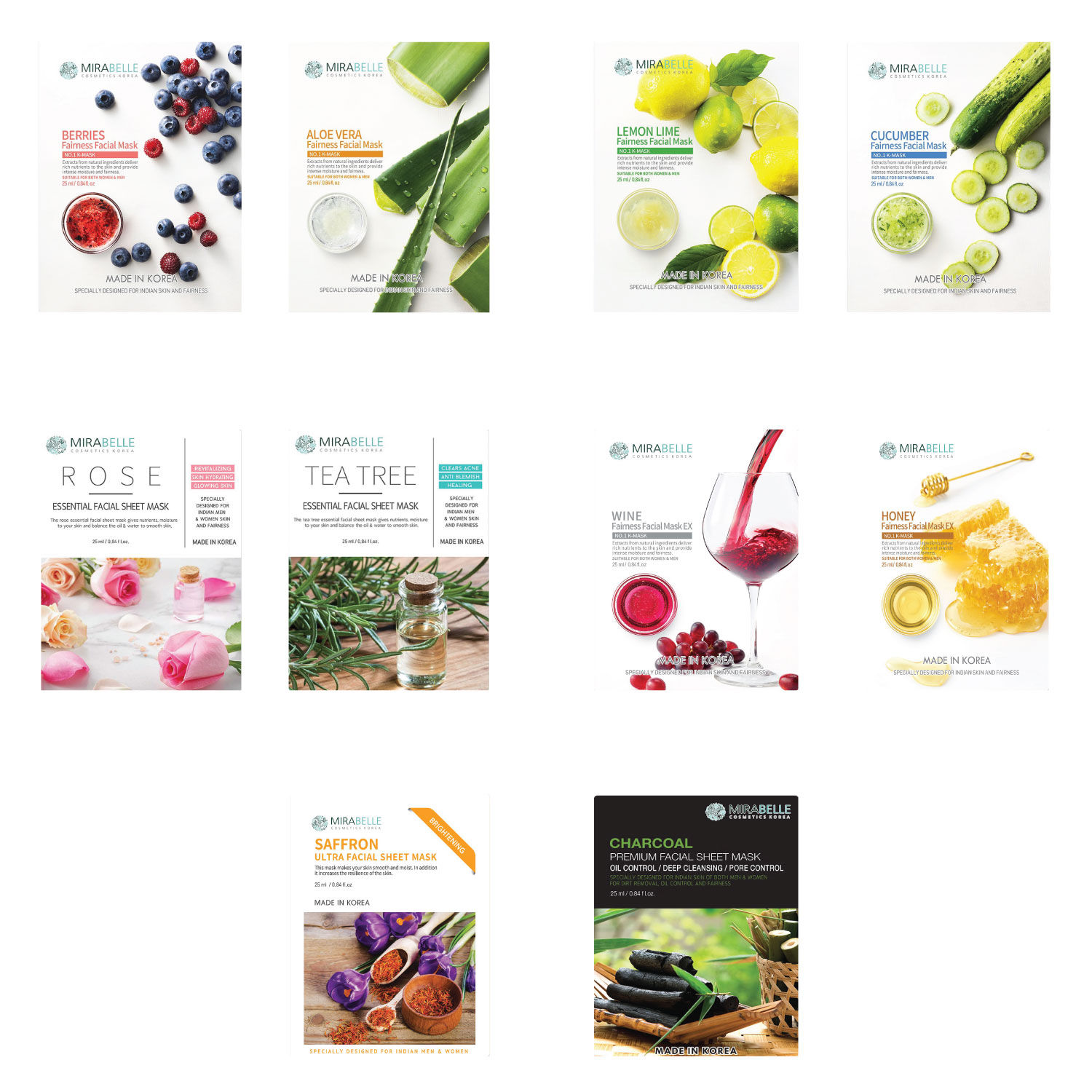 Mirabelle Korea Glossy skin Facial Sheet Masks Combo Pack Of 10