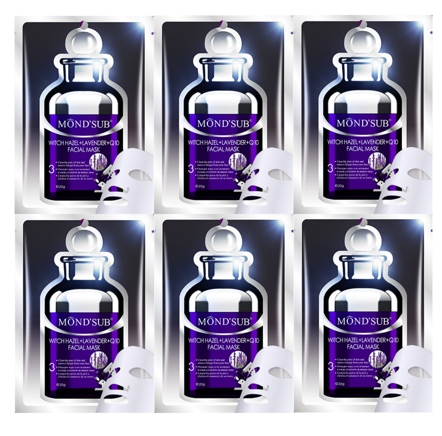 MOND'SUB Witch Hazel+Lavender+ Q10 Facial Sheet Mask - Pack of 6