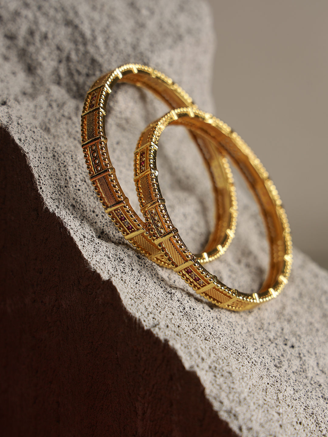 Set of 2 Gold-Plated Ruby studded Jali Work Broad Bangles
