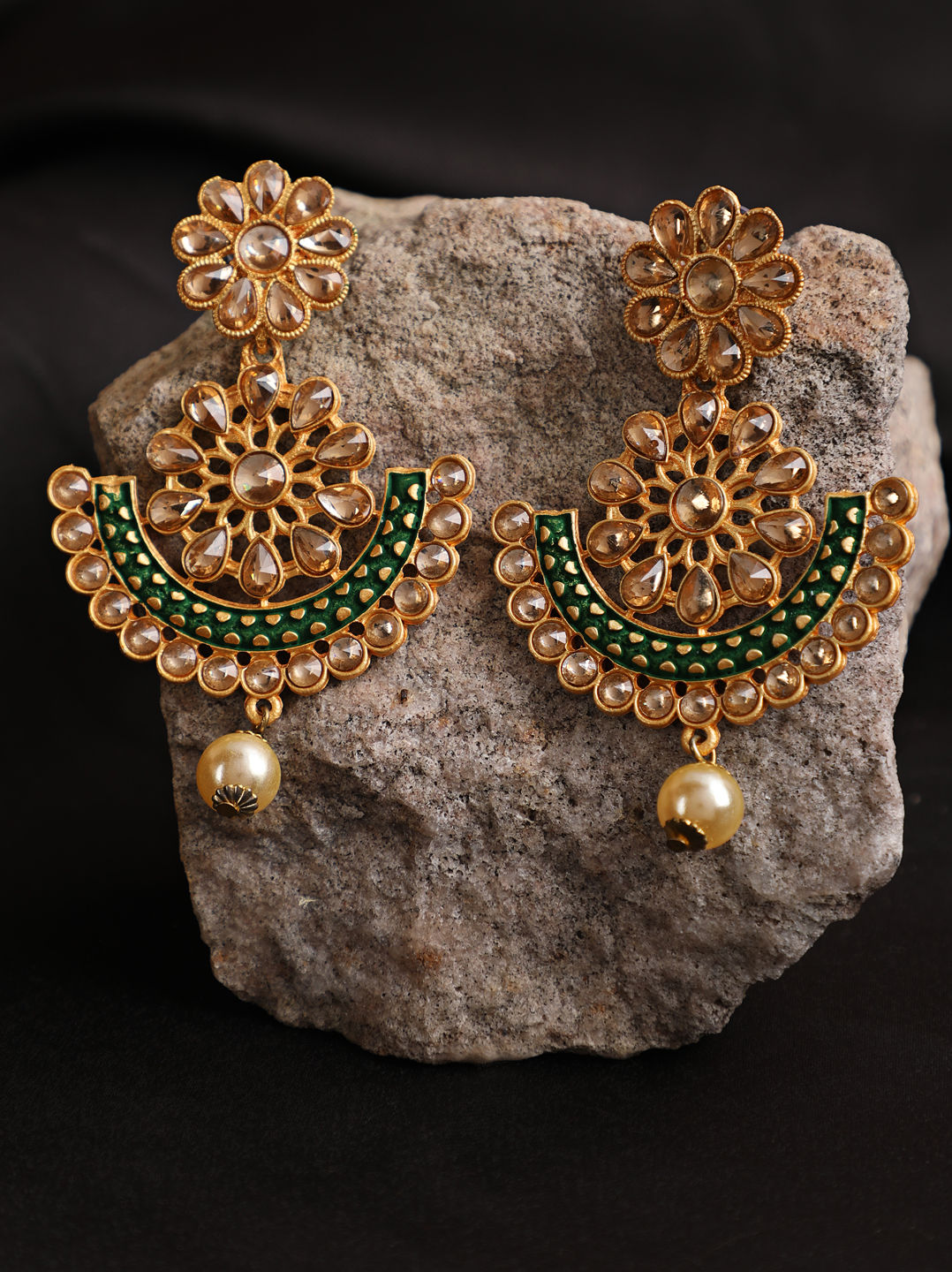 Gold- Plated Meenakari Green Chandbali Earrings