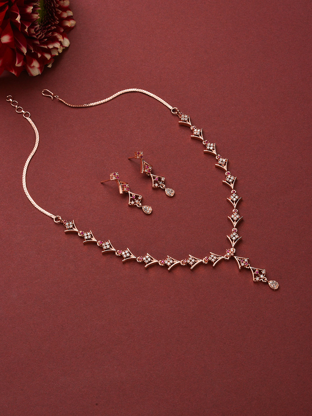 Rose Gold-Plated Ruby AD-Studded Handcrafted Jewellery Set