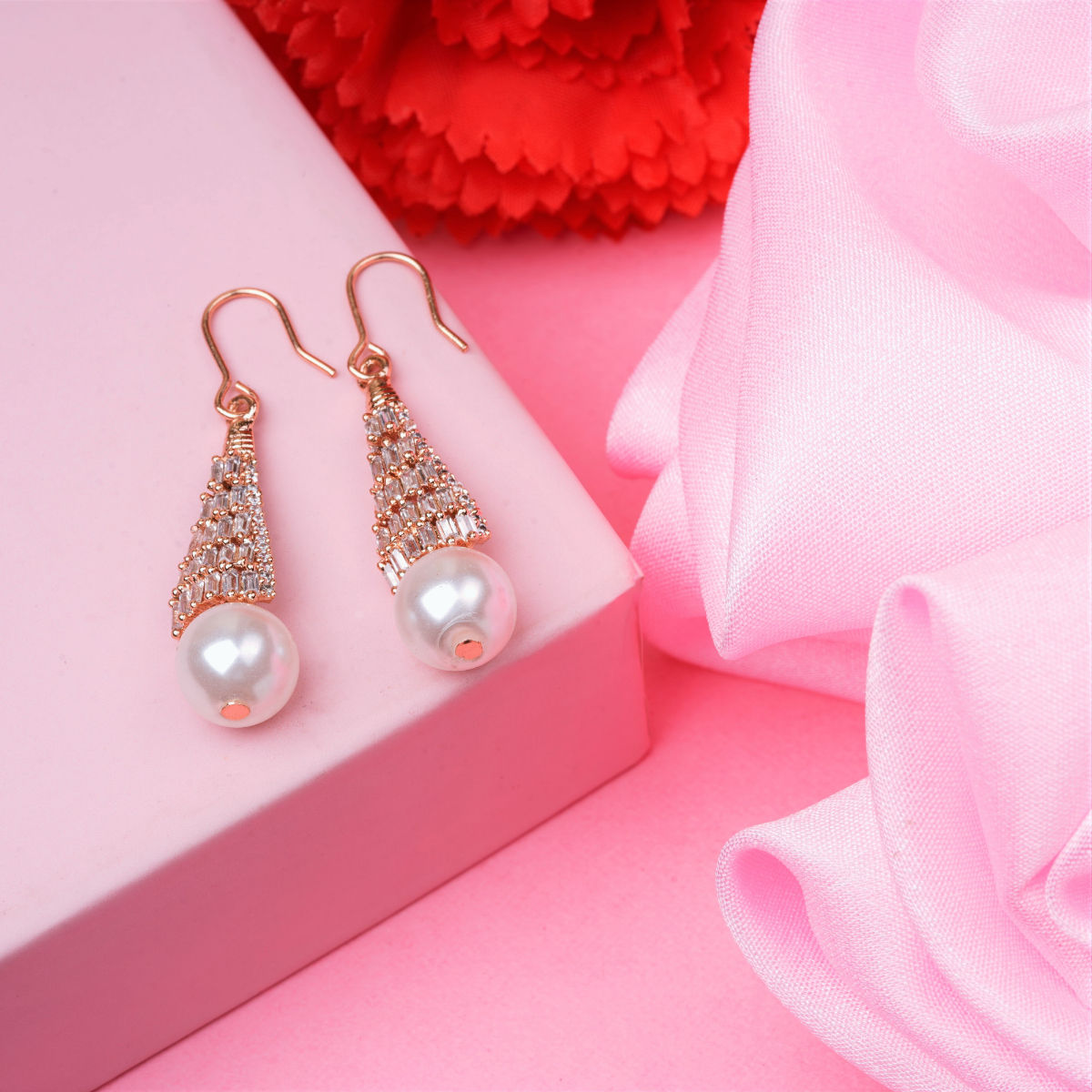 Estele Rose Gold Plated CZ Elegant Drop Earrings with Pearl for Women