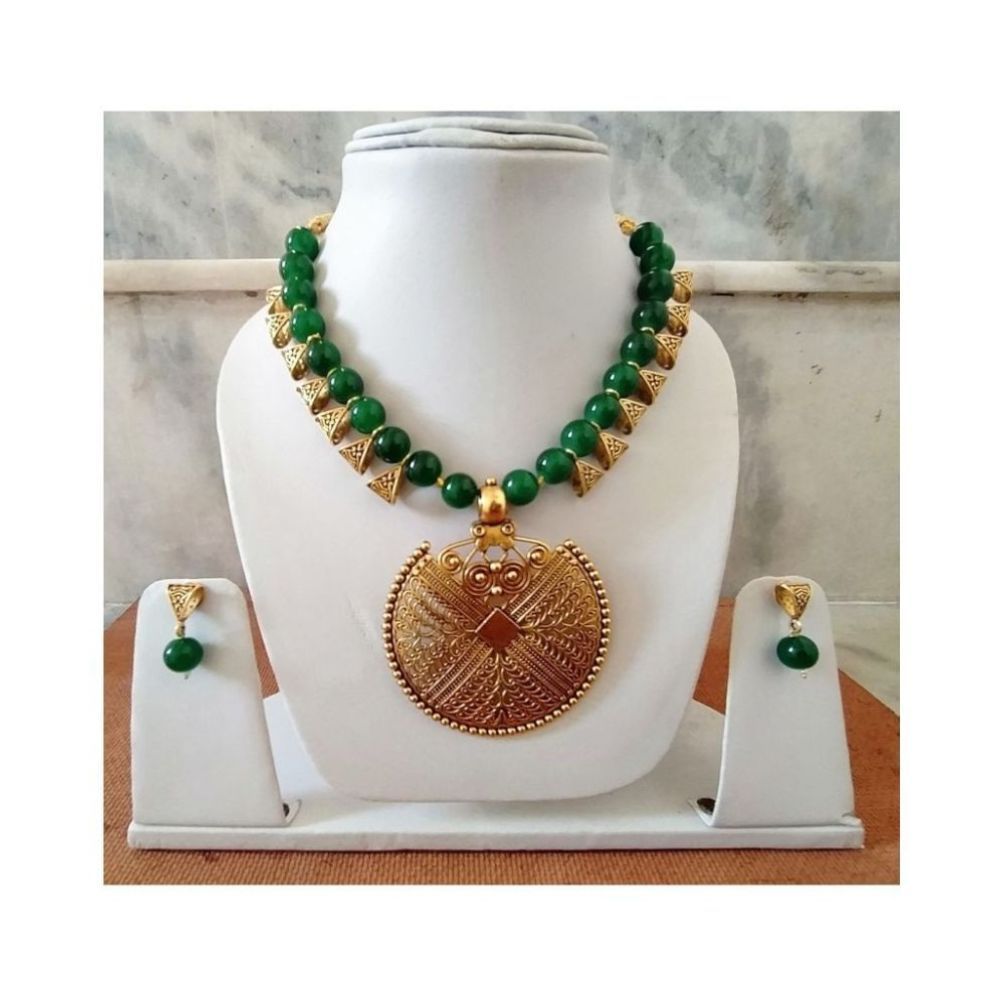 Pujvi Fashions Green Jali Collar Traditional Gold Plated Necklaces Set