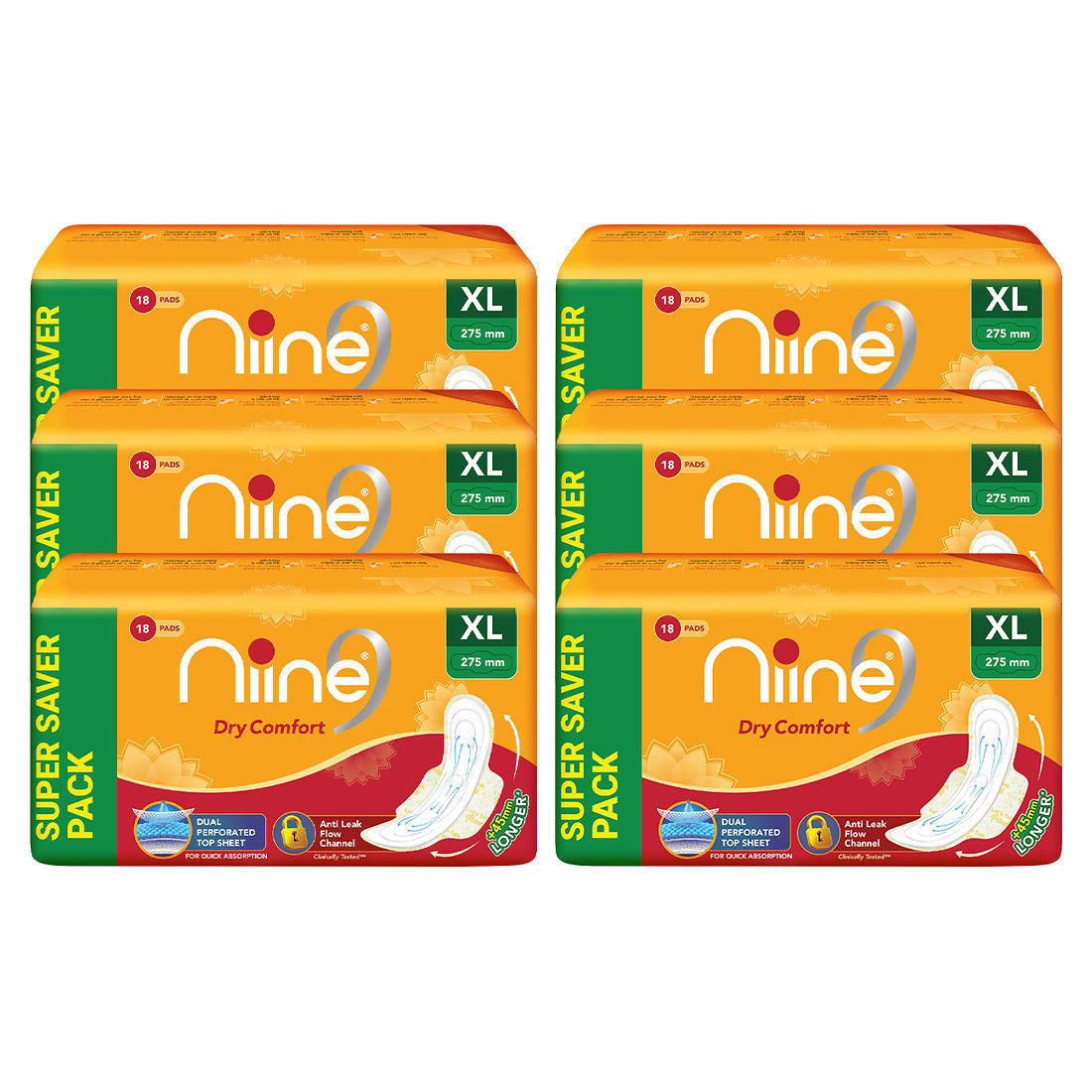 Niine Dry Comfort Extra Long Sanitary Pads for women (Pack of 6), 108 ...