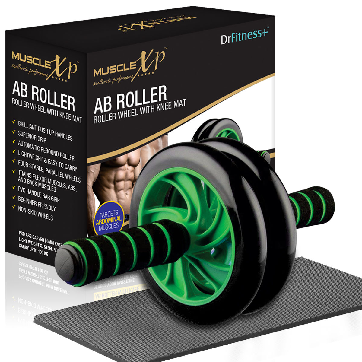 MuscleXP DrFitness+ AB Roller Wheel With Knee Mat, Stainleess Steel Rod ...