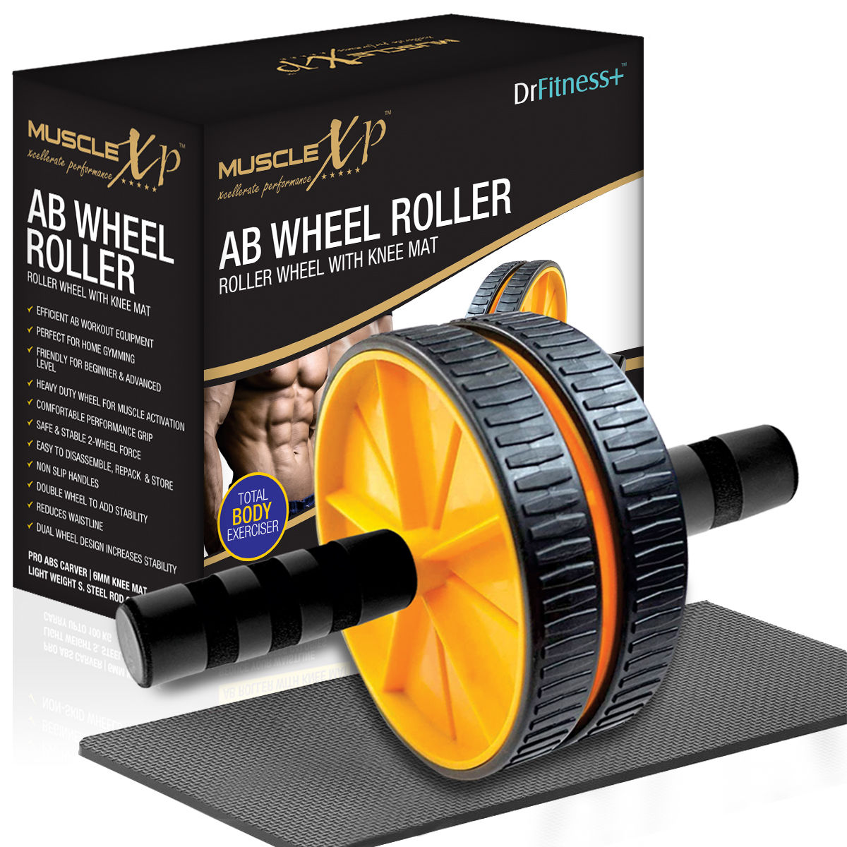 MuscleXP DrFitness+ AB Wheel Roller With Knee Mat, Stainleess Steel Rod ...