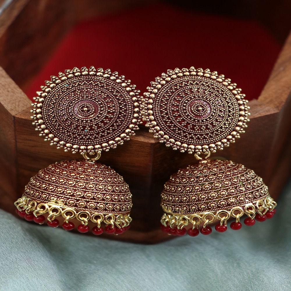 Crunchy Fashion Gold-Plated Red Round Shape Jhumka Earrings RAE1504