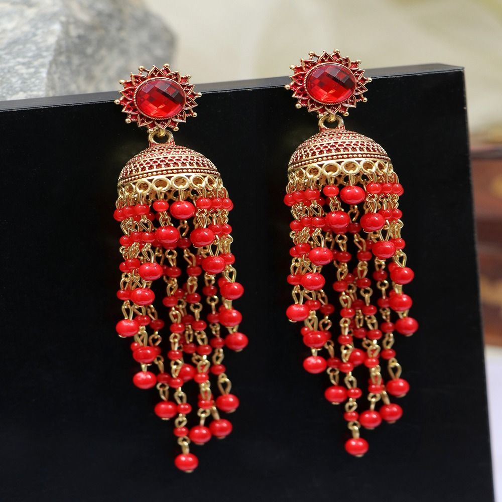 Crunchy Fashion Gold-Plated Stunning Designer Long Red color Pearl ...