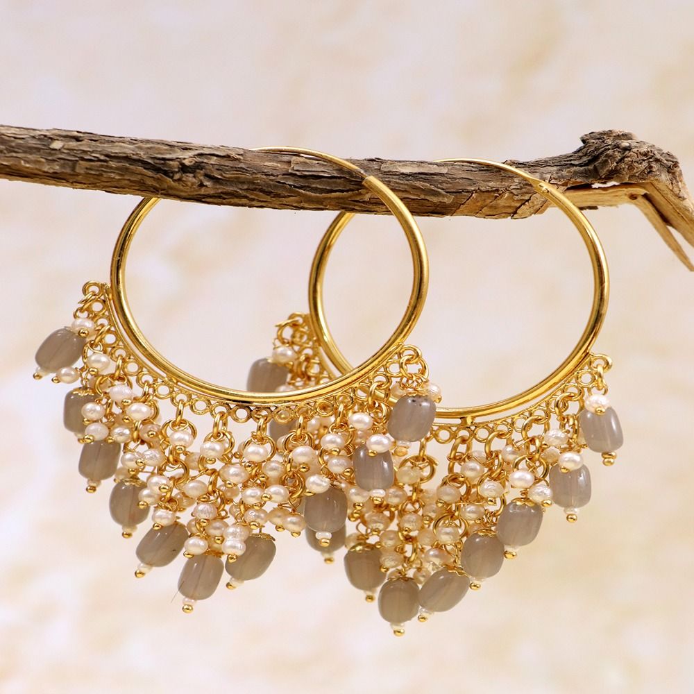 Crunchy Fashion Gold-Plated Jhalar Bali Hoop Earrings With Grey Pearls ...