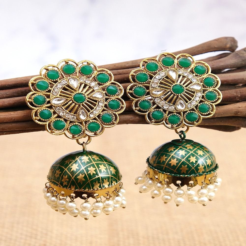 Crunchy Fashion Traditional Gold- plated Round Floral Green Jhumka ...
