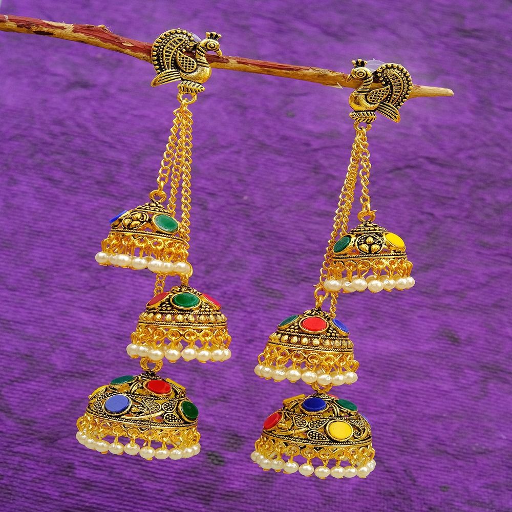 Crunchy Fashion Gold plated Peacock Three Long Hanging Jhumka Earrings ...