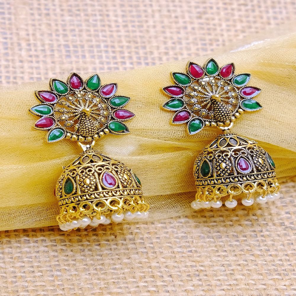 Crunchy Fashion Gold-Plated Multicolor peacock Jhumka Earrings RAE1070