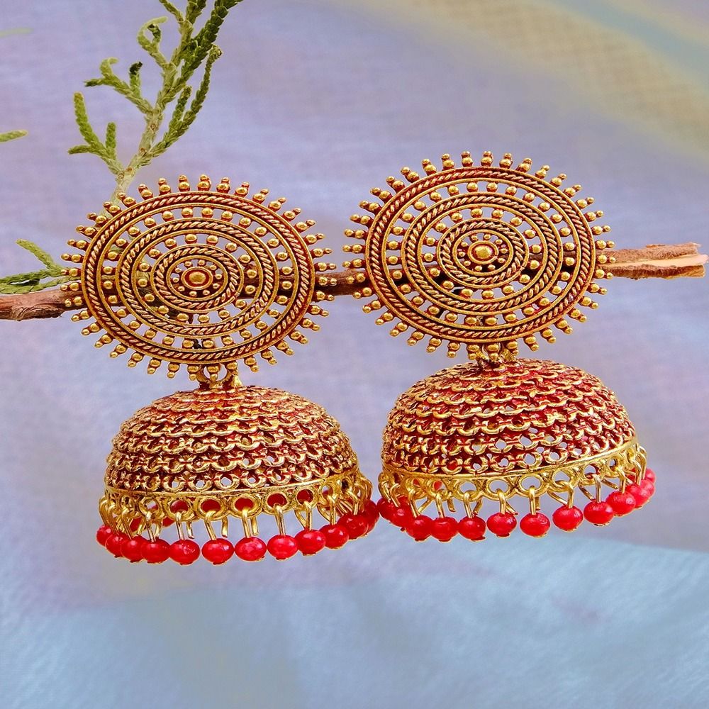 Crunchy Fashion Gold-Plated Round Designs Red Pearls Jhumka Earrings ...