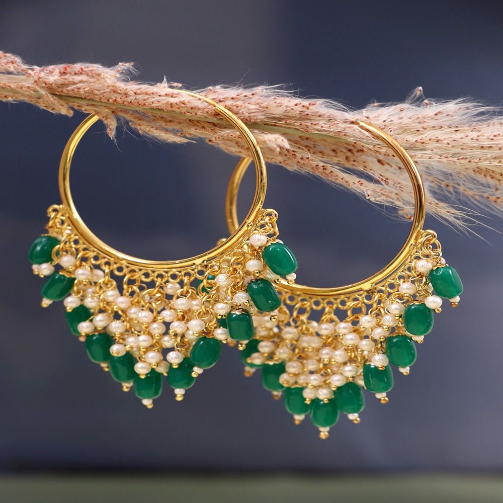 Crunchy Fashion Gold-Plated Jhalar Bali Hoop Earrings With Green Pearls ...