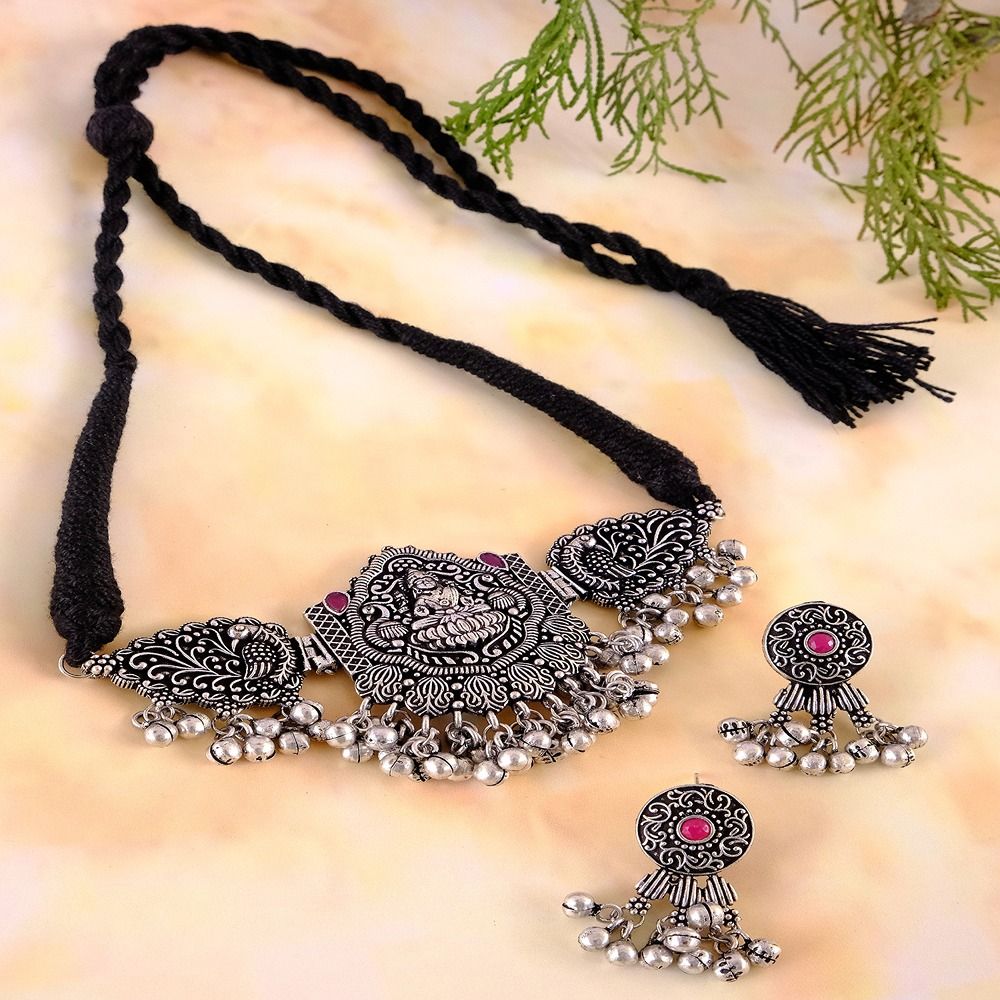 Crunchy Fashion Oxidised German Silver Pink Temple Necklace Set With ...