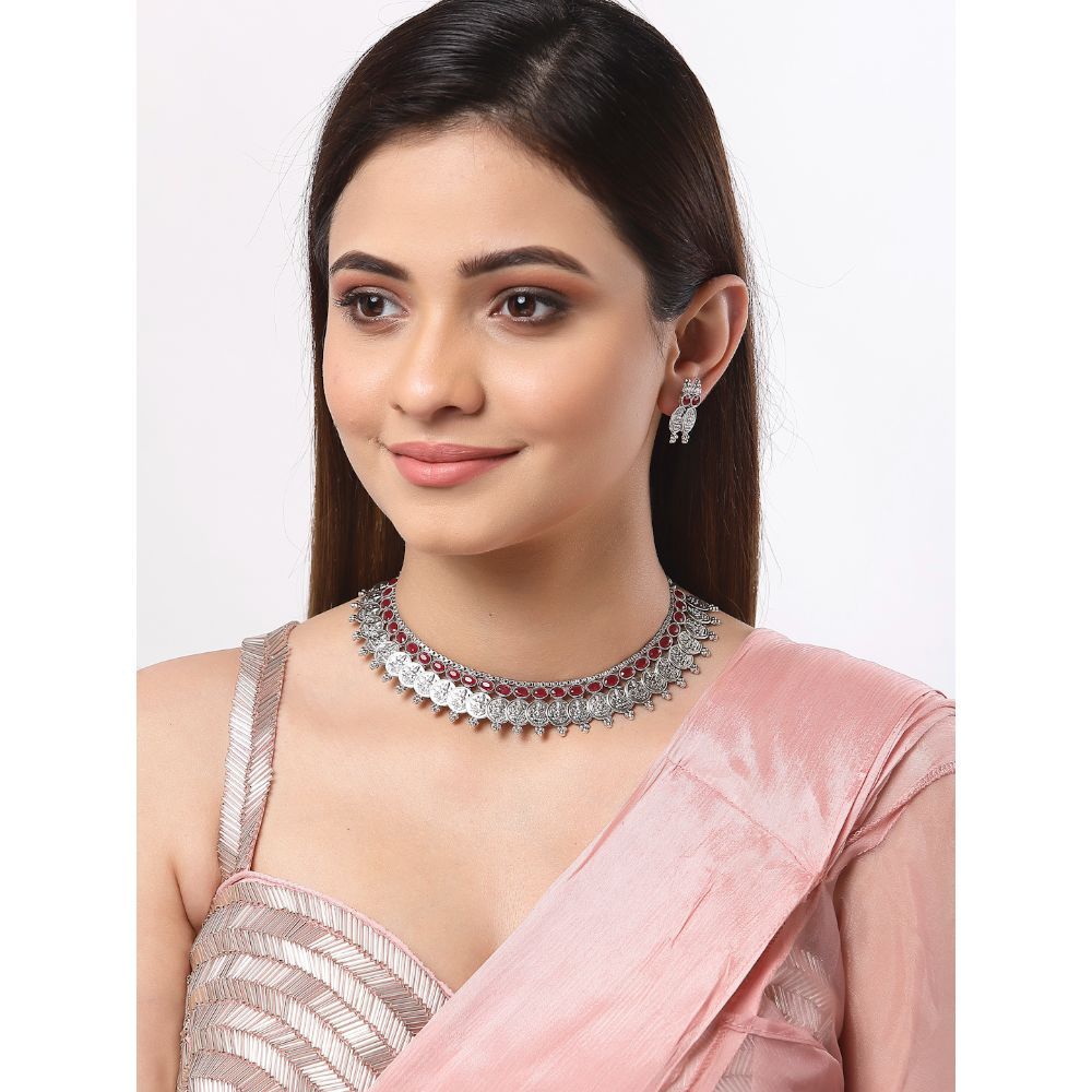 Zeneme Silver Plated Copper Kundan Detailing Temple Coin Jewellery Set