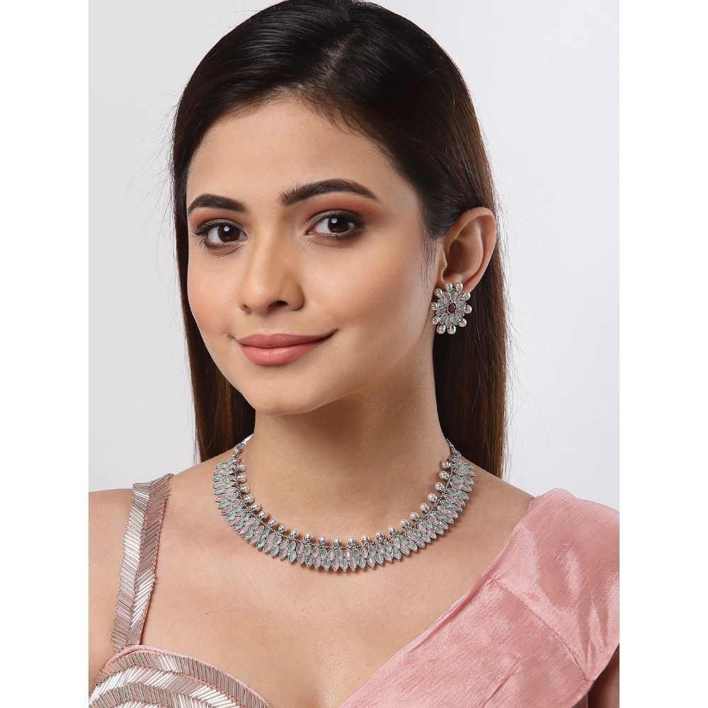 Zeneme Silver Plated Double Layered Pink & Mint Green Kundan Studded ...