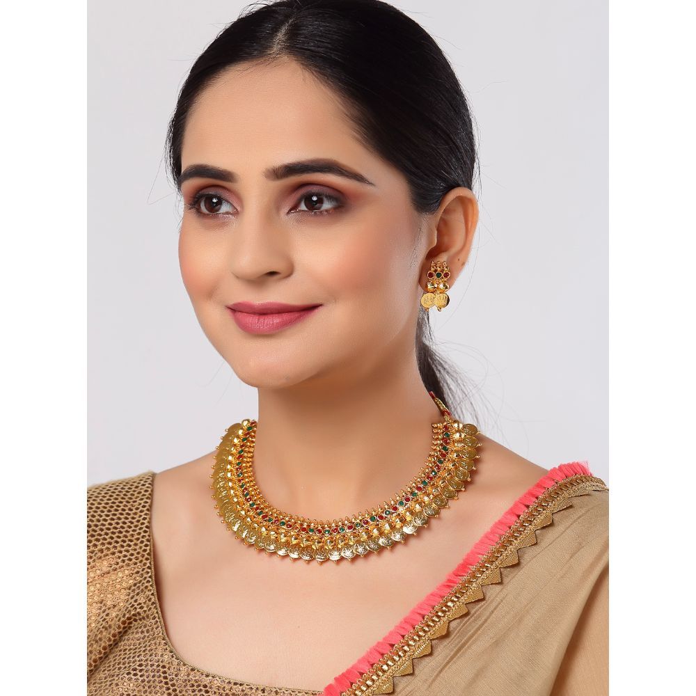 Zeneme Gold-Plated Red & Green Pearl Studded South Indian Style ...