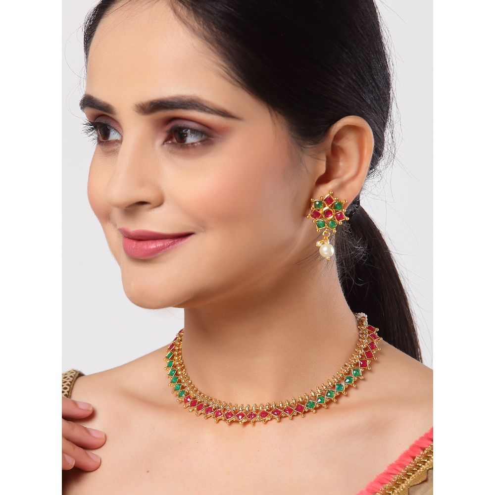 Zeneme Gold Plated Traditional Choker Dual Colour Necklace Set