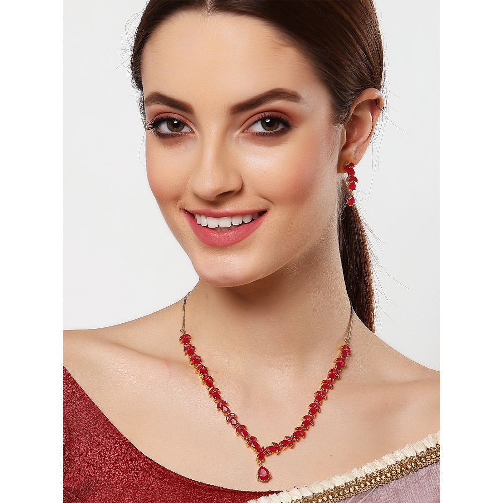 Zeneme Red Leaf Shaped American Diamond-Studded Handcrafted Jewellery Set Zeneme Red Leaf Shaped American Diamond-Studded Handcrafted Jewellery Set
