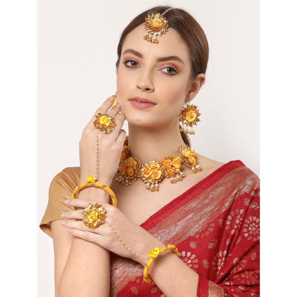 Zeneme Gold-Plated Pink Pearl Gota Patti Flower Jewellery Set