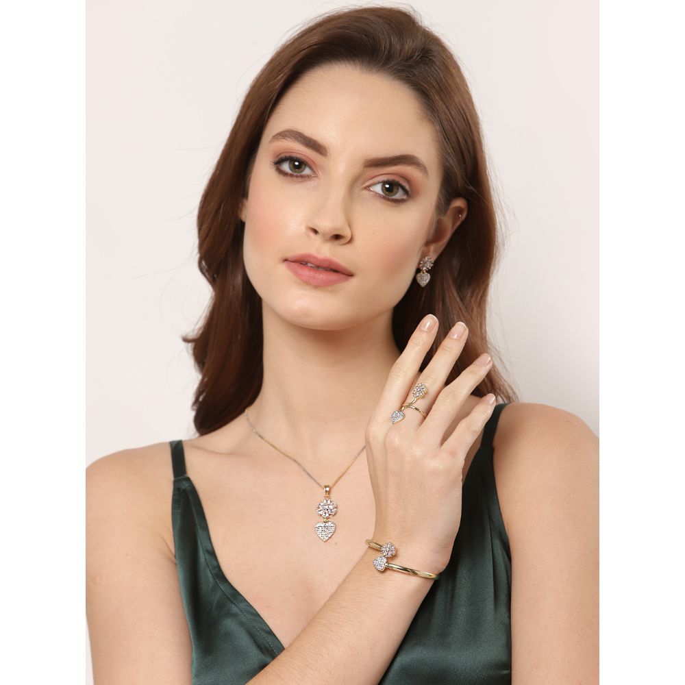 Zeneme Heart Drop With Flower Shaped Gold Plated American Diamond