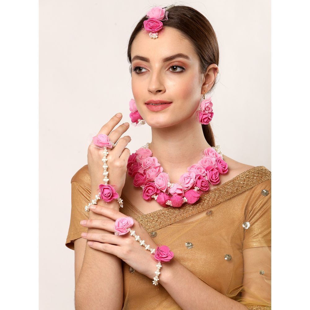 Zeneme Gold-Plated Pink Pearl Gota Patti Flower Jewellery Set