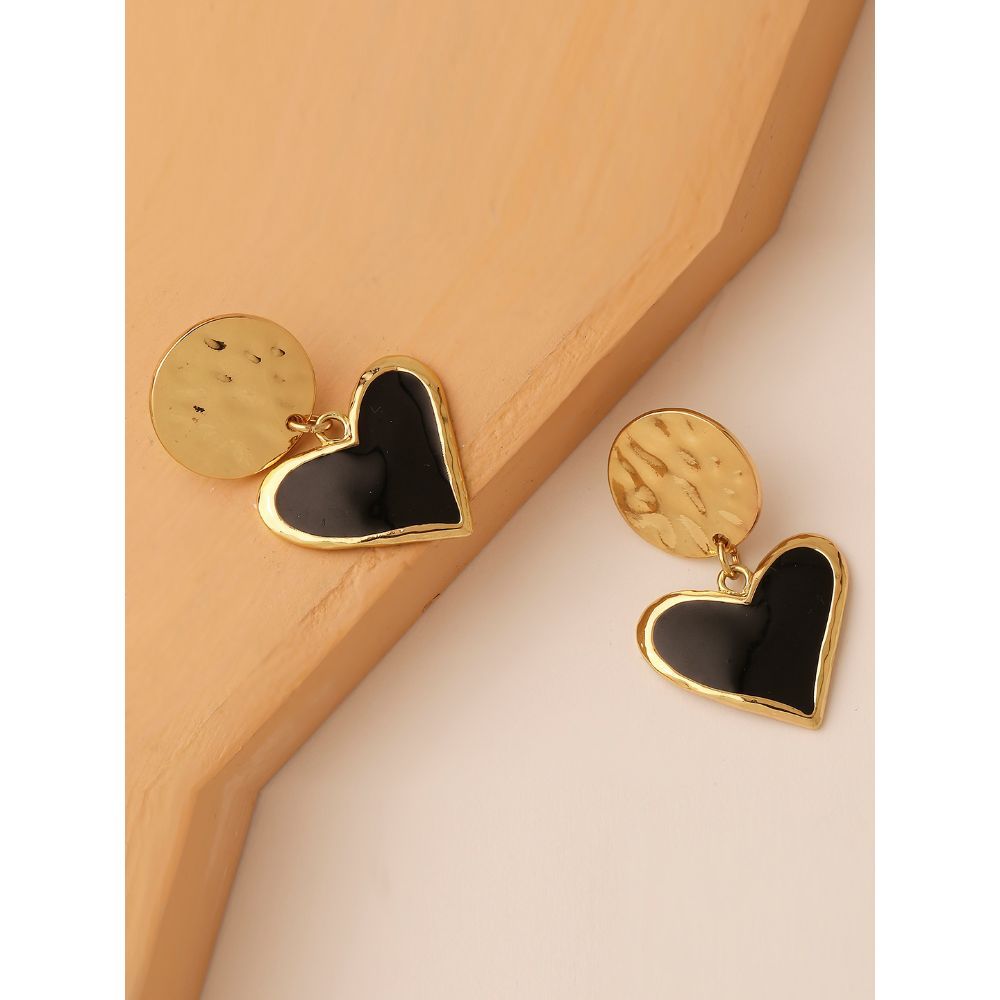 Lilly & Sparkle Gold Tonned Black Heart Drop Stud Earrings