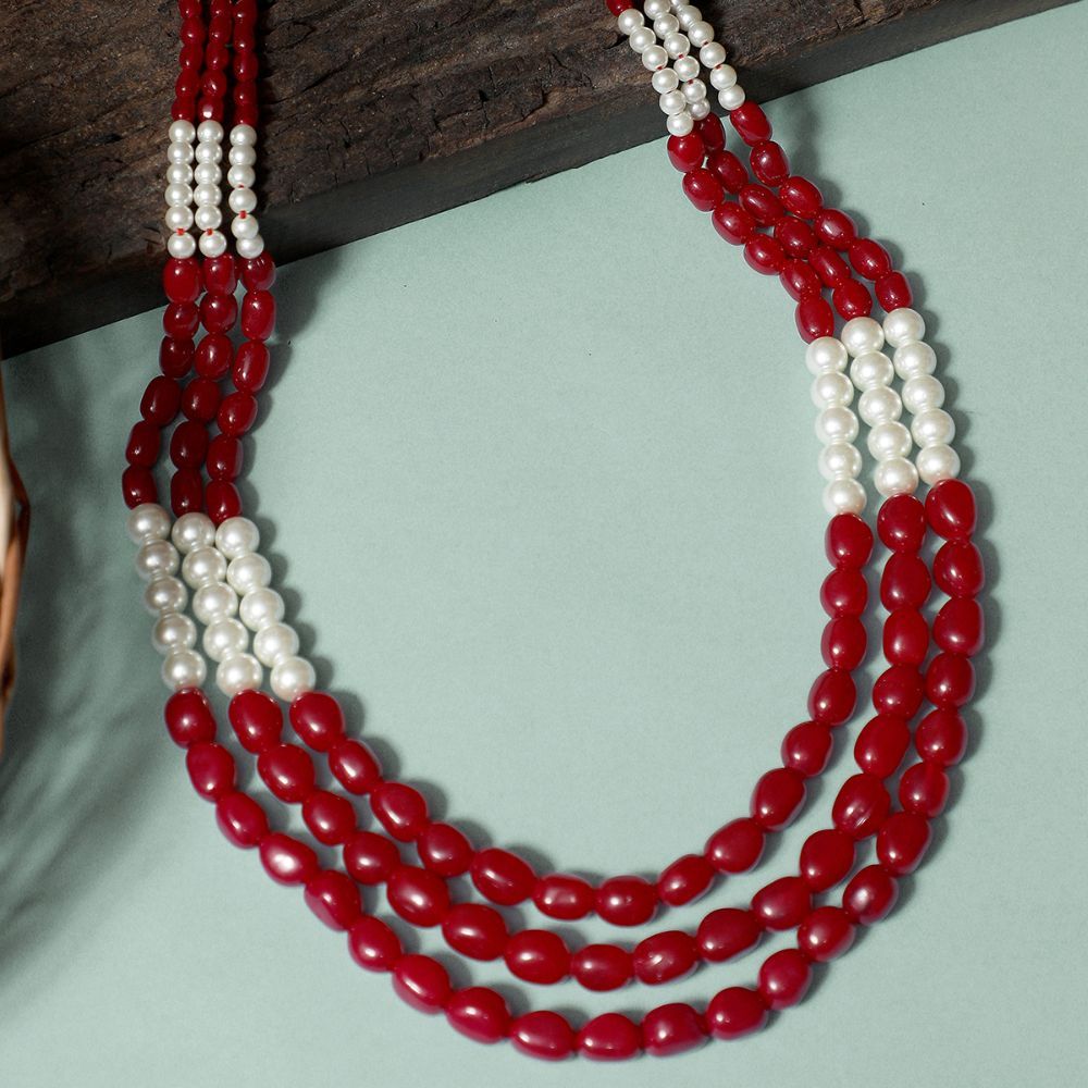 Karatcart Traditional Red and Pearl Beads Maharaja Moti Mala for Men