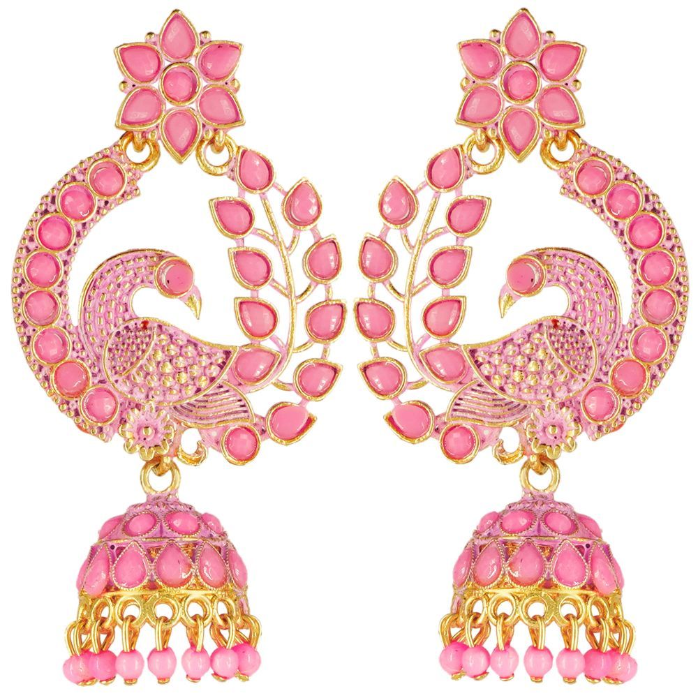 Fashion Frill Mayur Design Mesmerizing Gold Plated Pink Jhumkas For ...