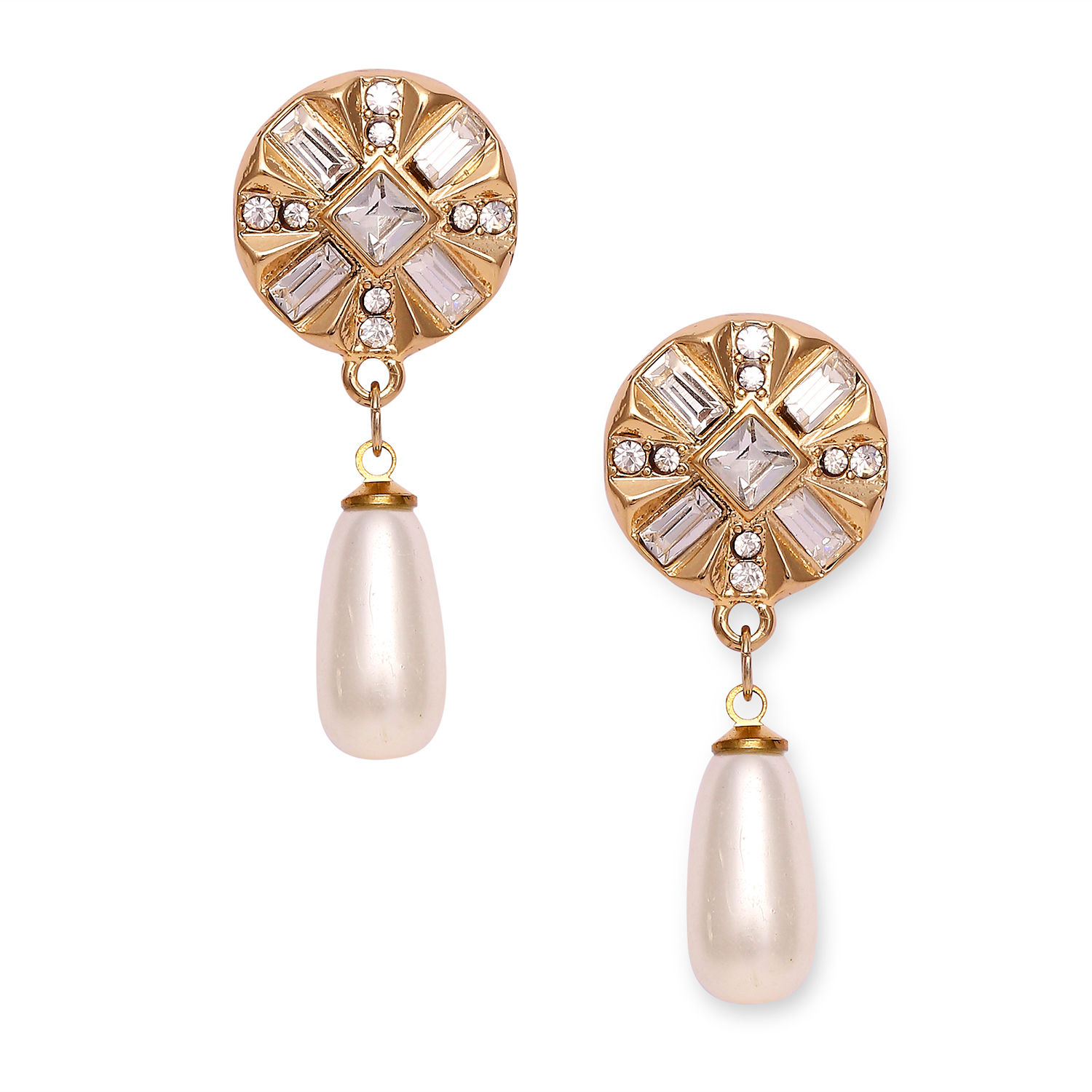 Lilly & Sparkle Gold Toned Crystal Studded Earrings With Peach Drop Pearl