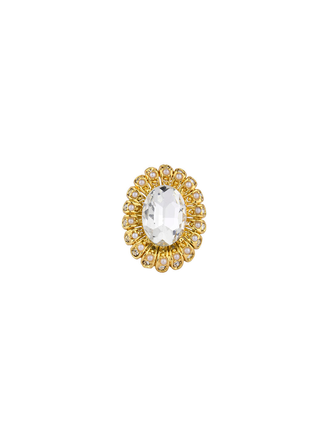 Lilly & Sparkle Gold toned pearl and crystal studded oval cocktail ring