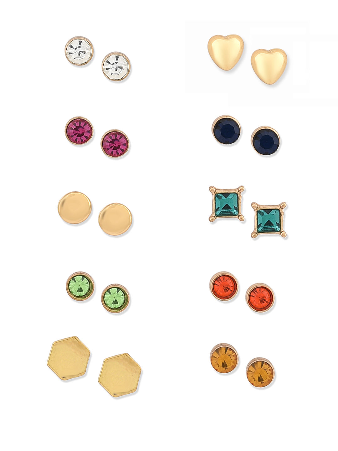 Lilly & Sparkle Gold Toned Multi Stone Stud Pack Set Of 10